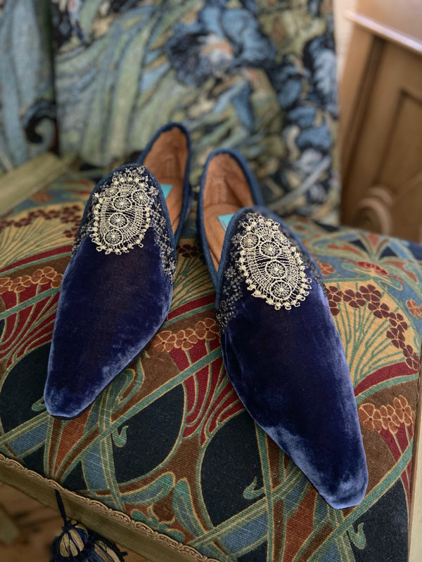 Indigo Blue Silk Velvet Pointed Toe Shoes | Pavilion Parade