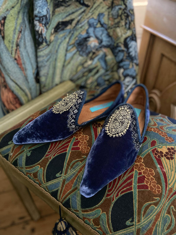 Indigo Blue Silk Velvet Pointed Toe Shoes | Pavilion Parade